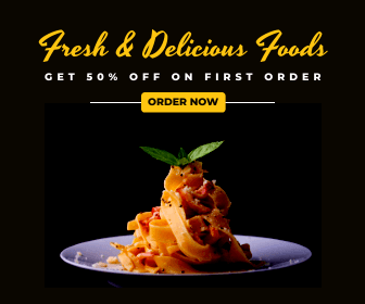 Black Background Fresh and Delicious Foods Large Rectangle Ad Banner