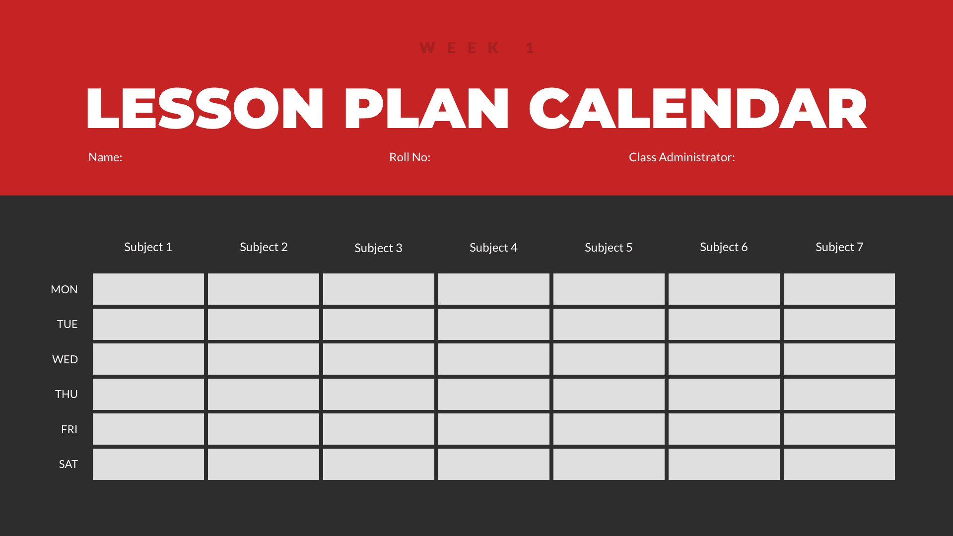 White Red and Black Weekly Lesson Plan Calendar Template